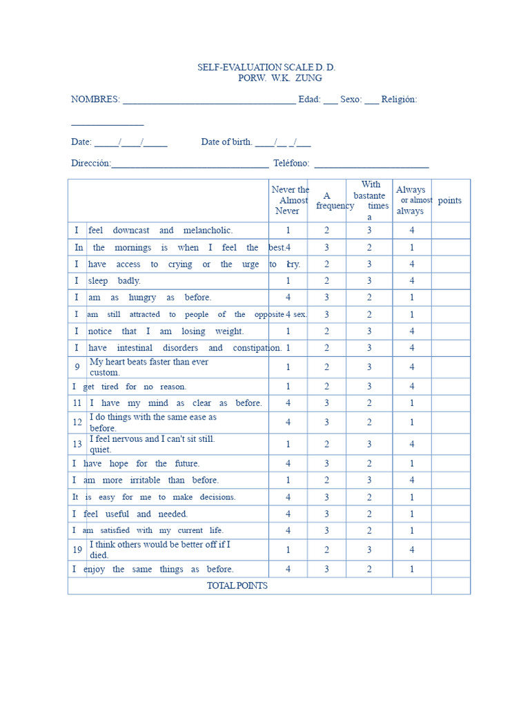Test Scale Aa of Zung Depression and Anxiety | PDF | Occupational ...