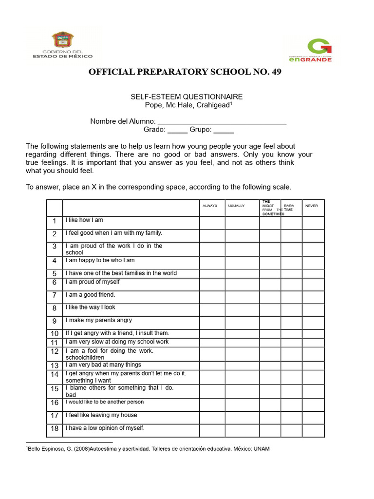 Self-Esteem Questionnaire for Students | PDF | Self Esteem | Social ...