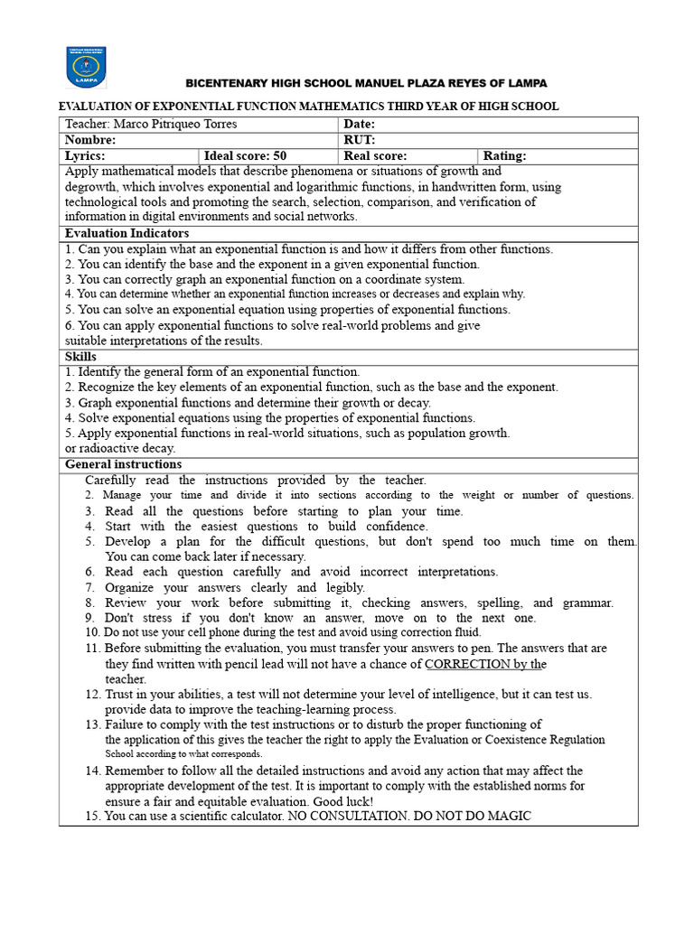 Evaluation of Exponential Function Third Year of High School C | PDF ...