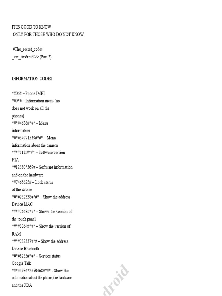 Essential Android Secret Codes Guide | PDF | Smartphone | Wi Fi