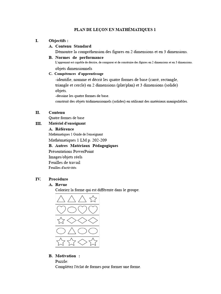 Plan de leçon sur les formes géométriques | PDF | Triangle | Géométrie ...