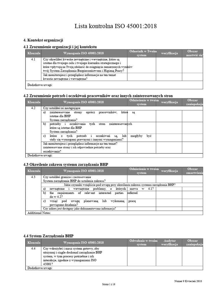 Lista Kontrolna ISO 45001 - 2018 | PDF