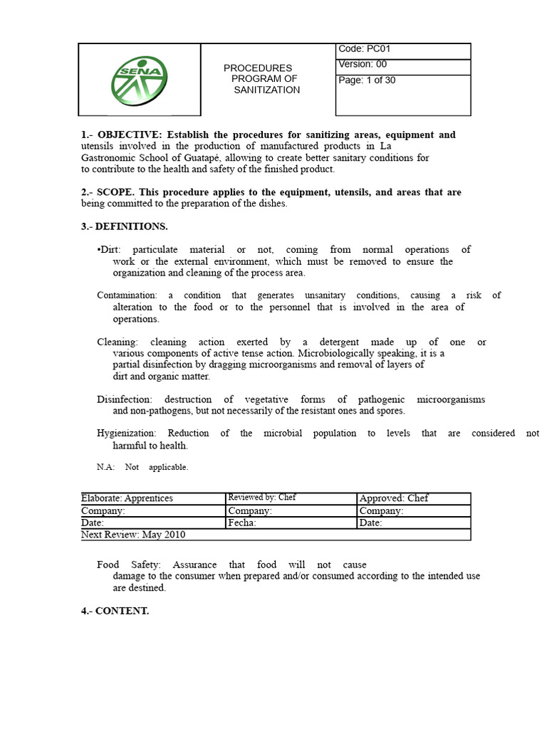 Sanitization Procedures for Food Safety | PDF | Cleaning