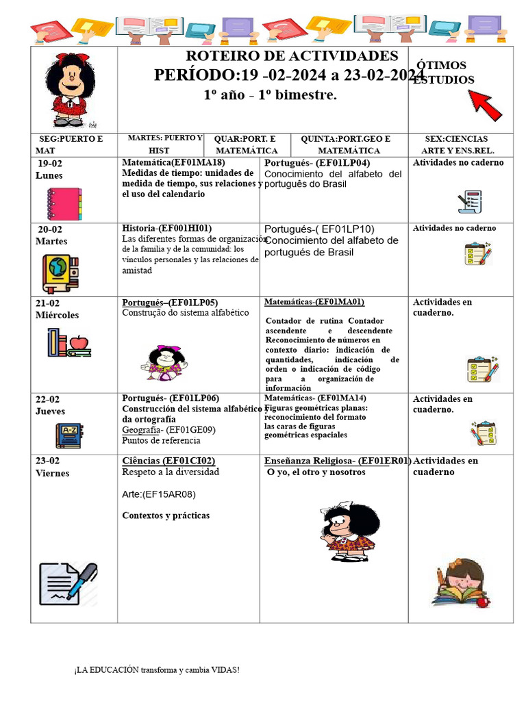 1º AÑO - ROTEIRO SEMANAL - 19 A 23-02-2024 - MARCYA FILIZOLA | PDF