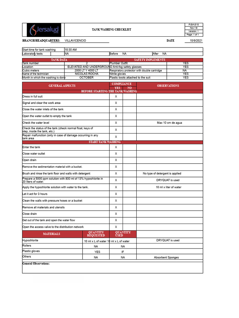 Tank Washing Safety Checklist | PDF | Water | Valve