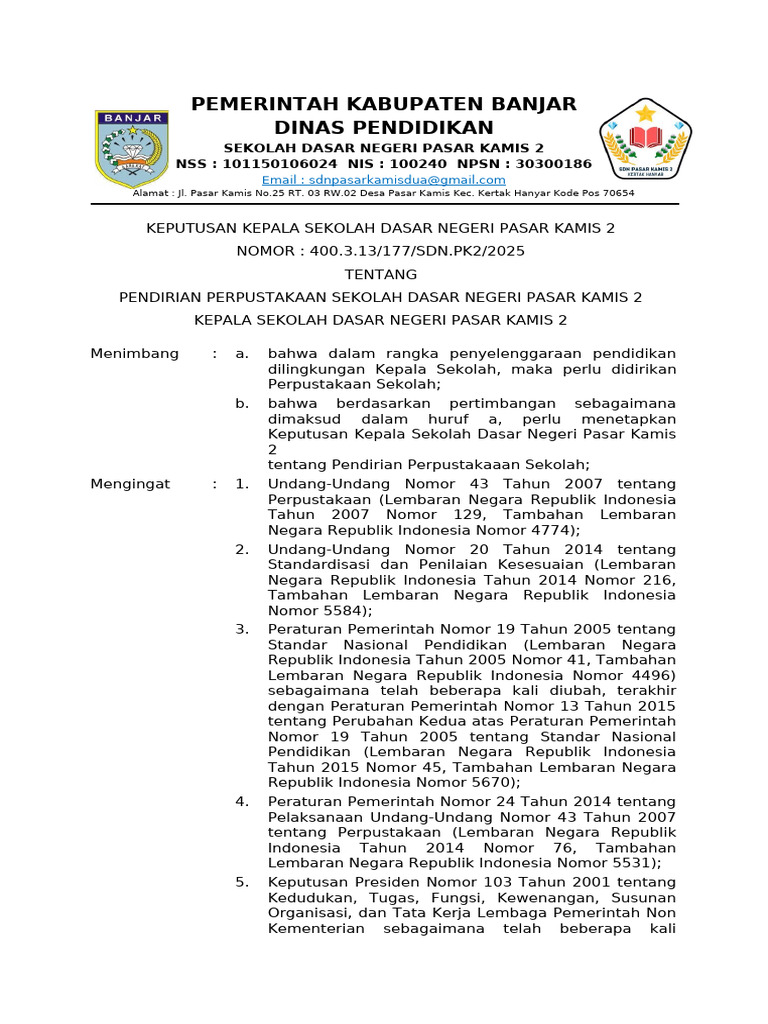 Format Sk Pendirian Perpustakaan Sd (1) (1) (1) | PDF