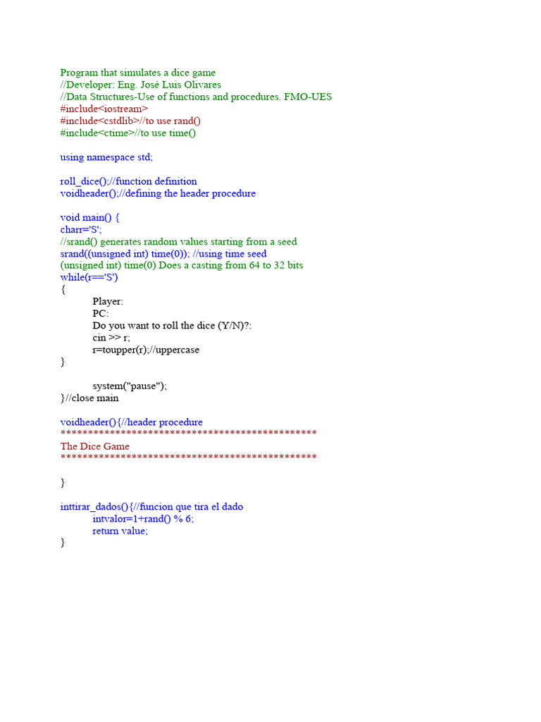 Program That Simulates A Dice Game | PDF