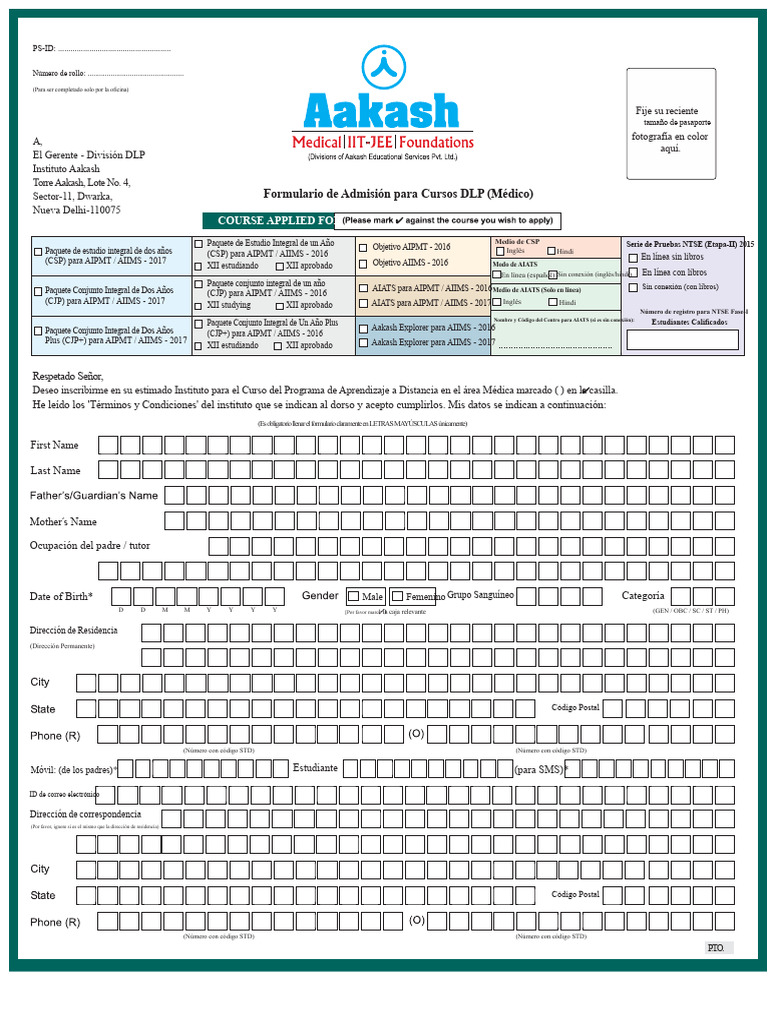 Formulario de Admisión DLP Instituto Aakash | PDF