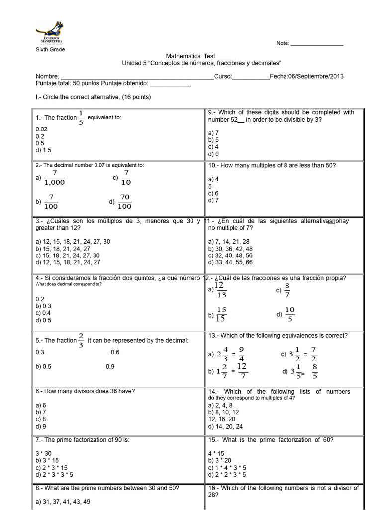 Test Unit 5 Fractions Final | PDF | Prime Number | Numbers