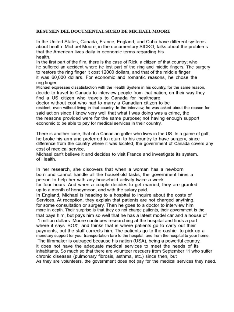 Summary of The Documentary Sicko by Michael Moore | PDF | Social ...