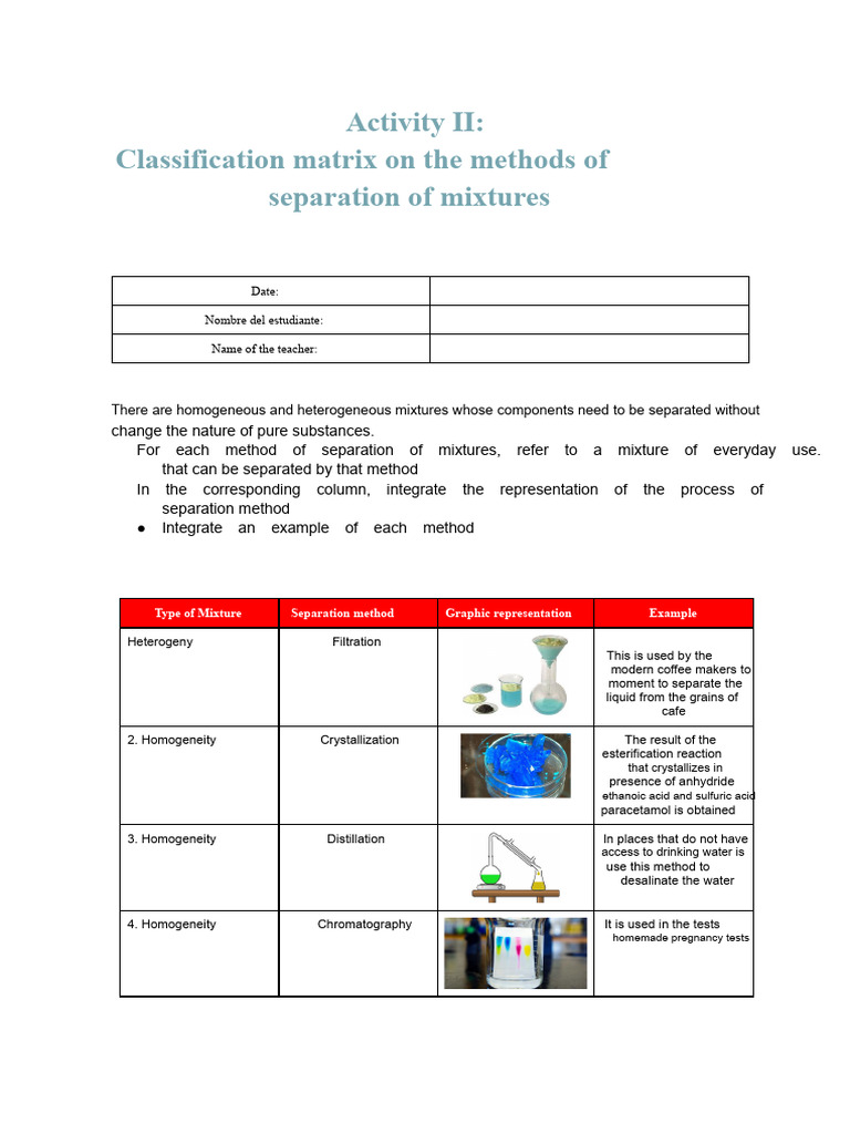Classification Matrix On Methods of Separation of Mixtures | PDF ...