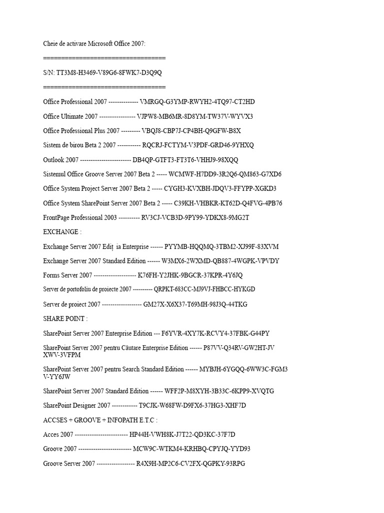 Chei de Activare Microsoft Office 2007 | PDF | Microsoft Office | Share ...