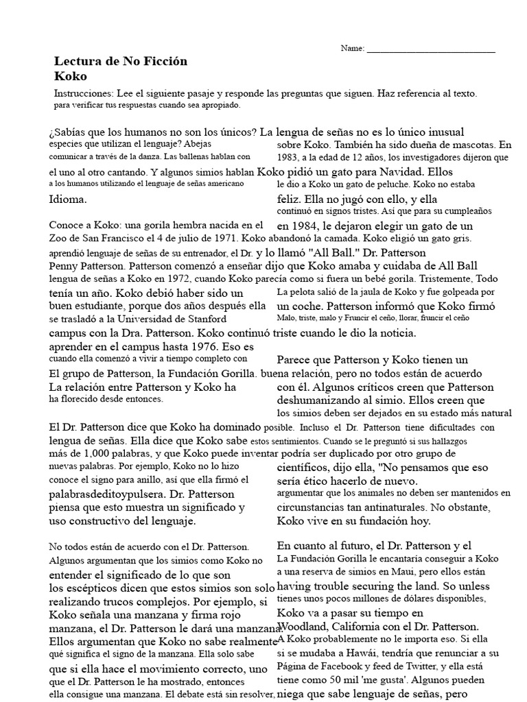 Prueba de Lectura de No Ficción Koko | PDF