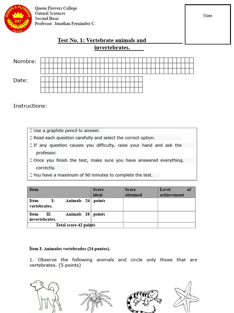 Test of Natural Sciences Vertebrate and Invertebrate Animals | PDF ...