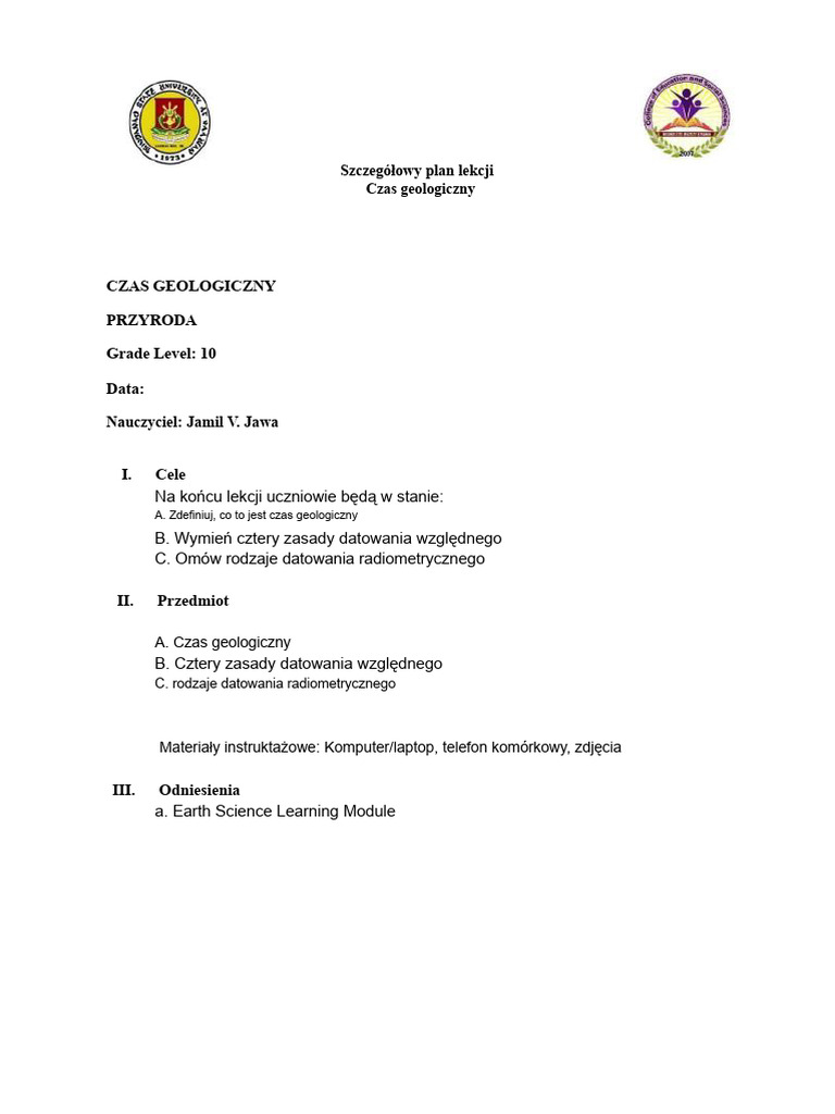 Szczegółowy Plan Lekcji Dotyczący Czasu Geologicznego | PDF
