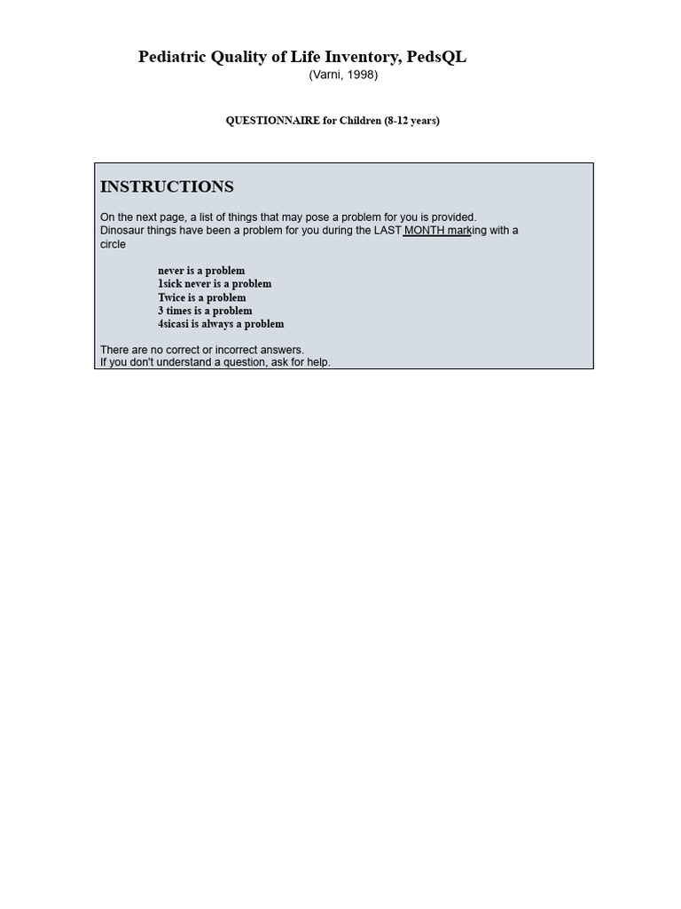 PedsQL Questionnaire for Children 8-12 | PDF | Questionnaire ...