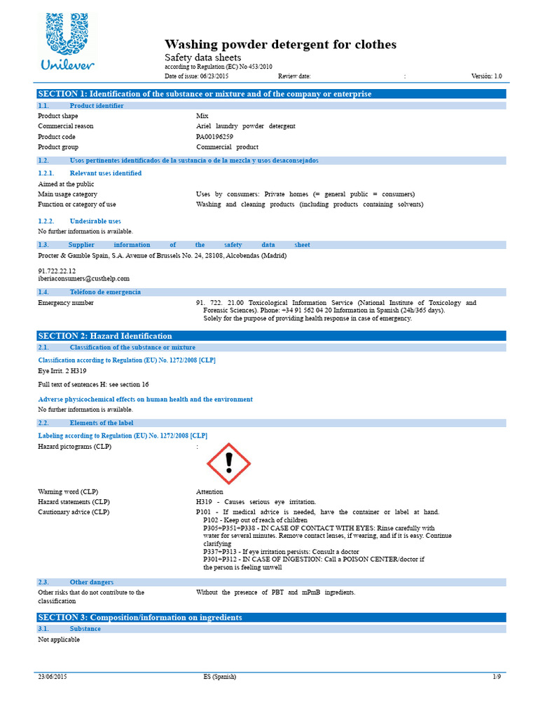 Ariel Laundry Powder Safety Data Sheet | PDF | Toxicity | Odor