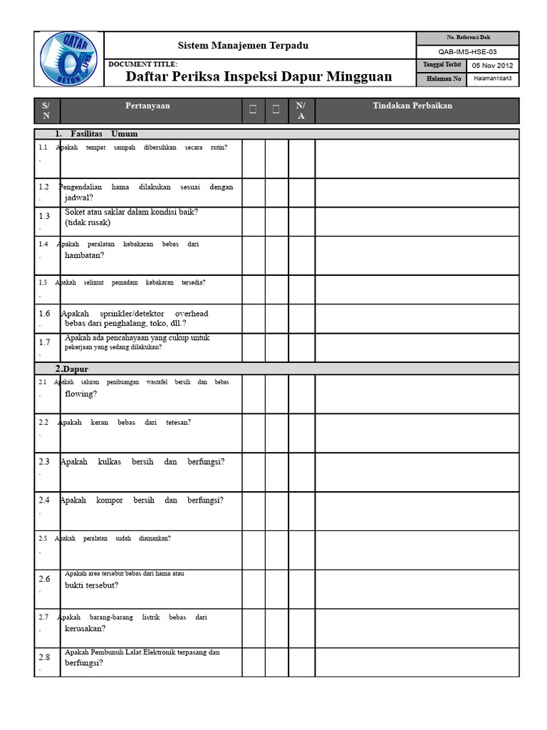 HSE-03 - Daftar Periksa Inspeksi Dapur | PDF