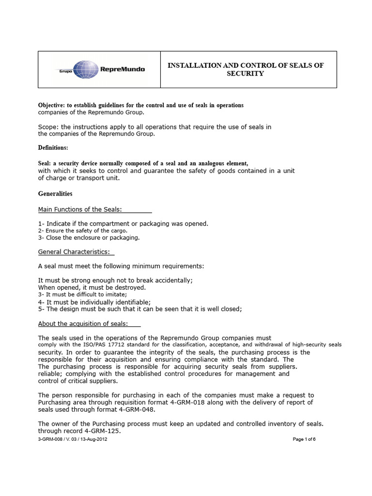 Control of Security Seals | PDF | Safety | Plastic