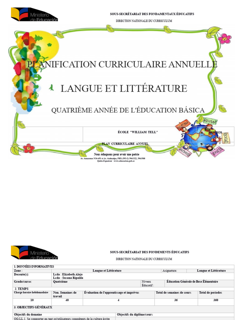 Plan annuel Langue et Littérature 4e année | PDF | Apprentissage ...