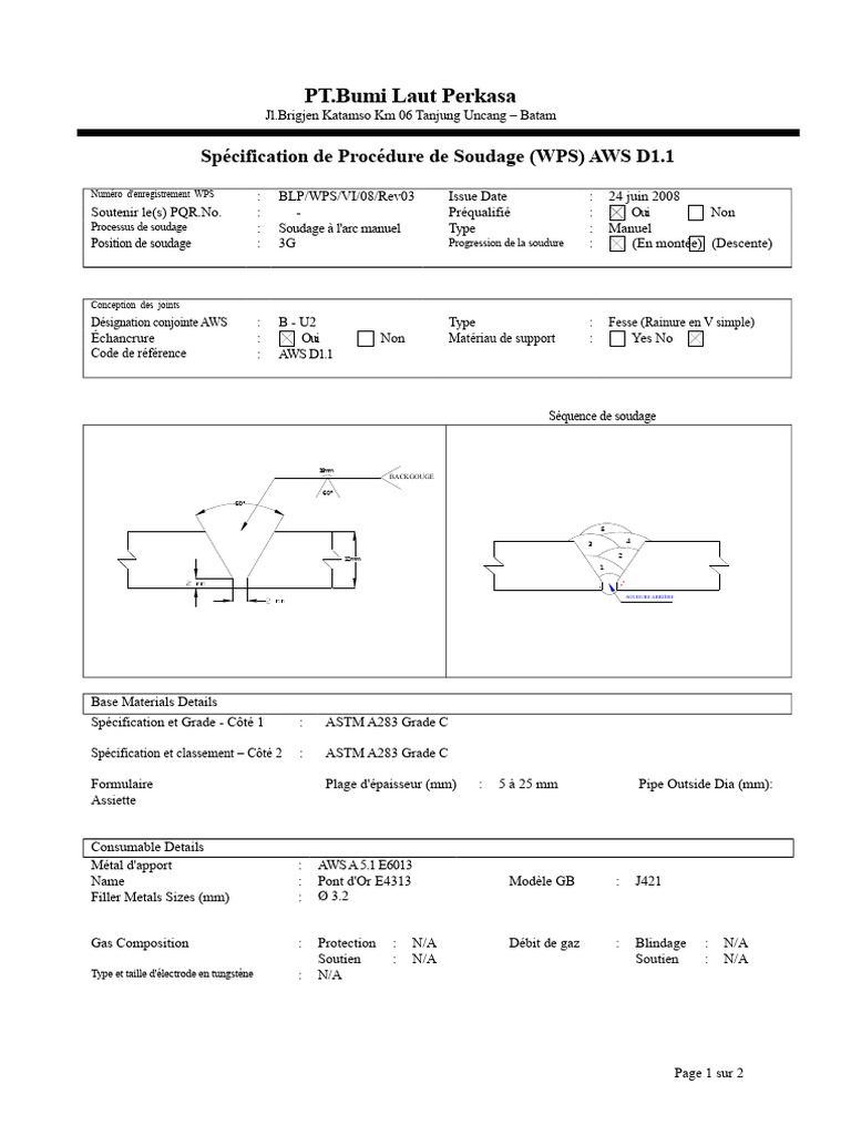 Spécification WPS Soudage AWS D1.1 | PDF | Soudage | Construction