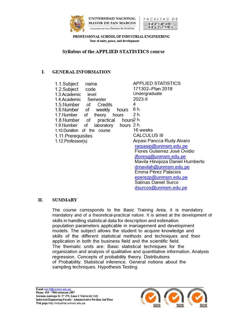 Applied Statistics Course Syllabus 2023 | PDF | Probability ...