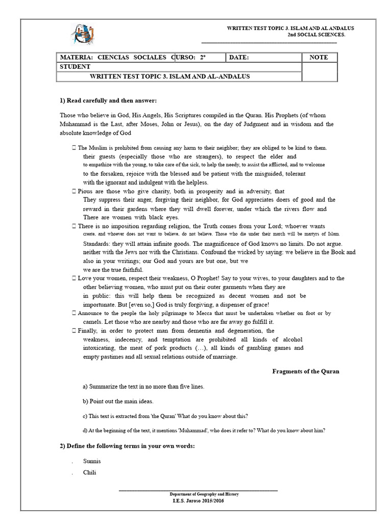 Islam and Al-Andalus: Written Test Guide | PDF | Al Andalus | Quran
