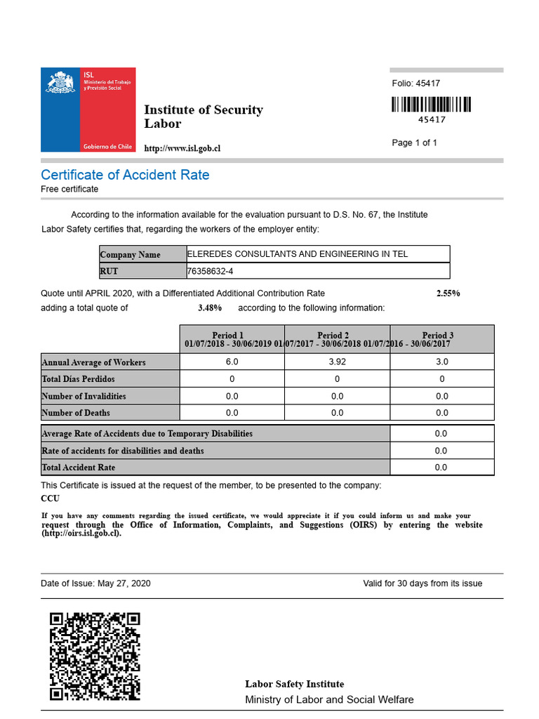 Accident Rate Certificate - ISL | PDF | Labor | Social Policy