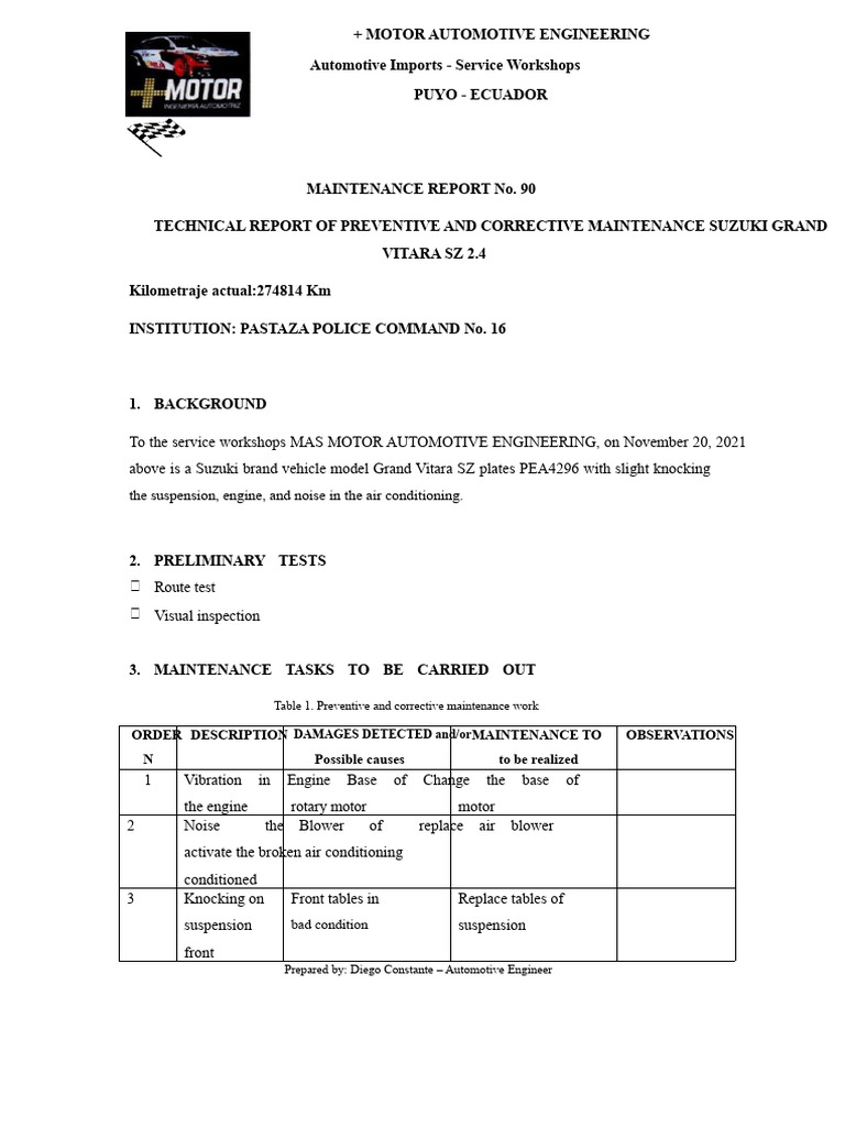 Suzuki Grand Vitara Maintenance Report | PDF