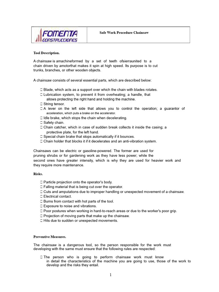Safe Work Instruction Chainsaw | PDF