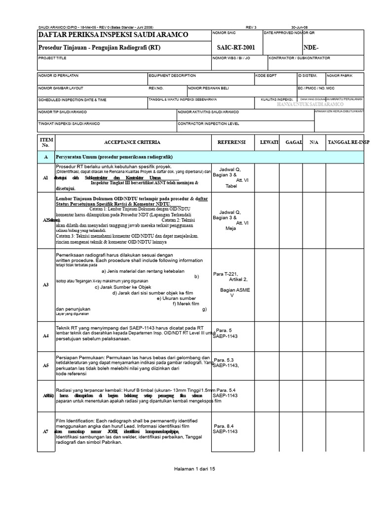 Daftar Periksa Inspeksi RT ARAMCO - SAIC-RT-2001 | PDF