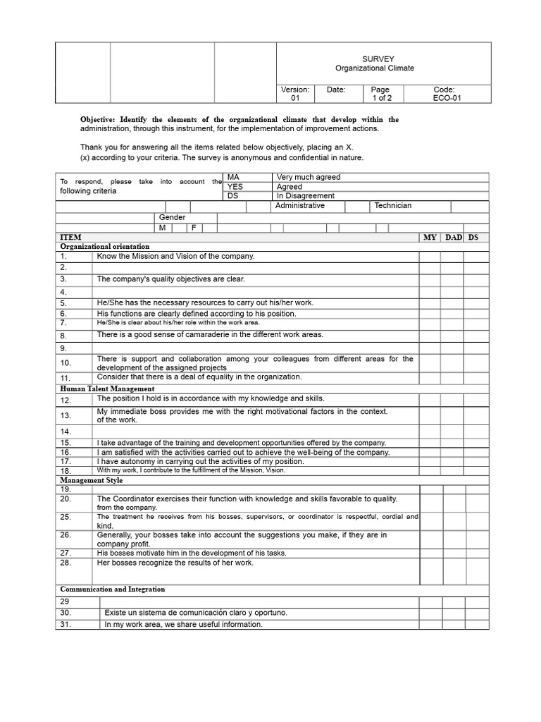 Organizational Climate Survey Format - Human Talent | PDF | Talent ...