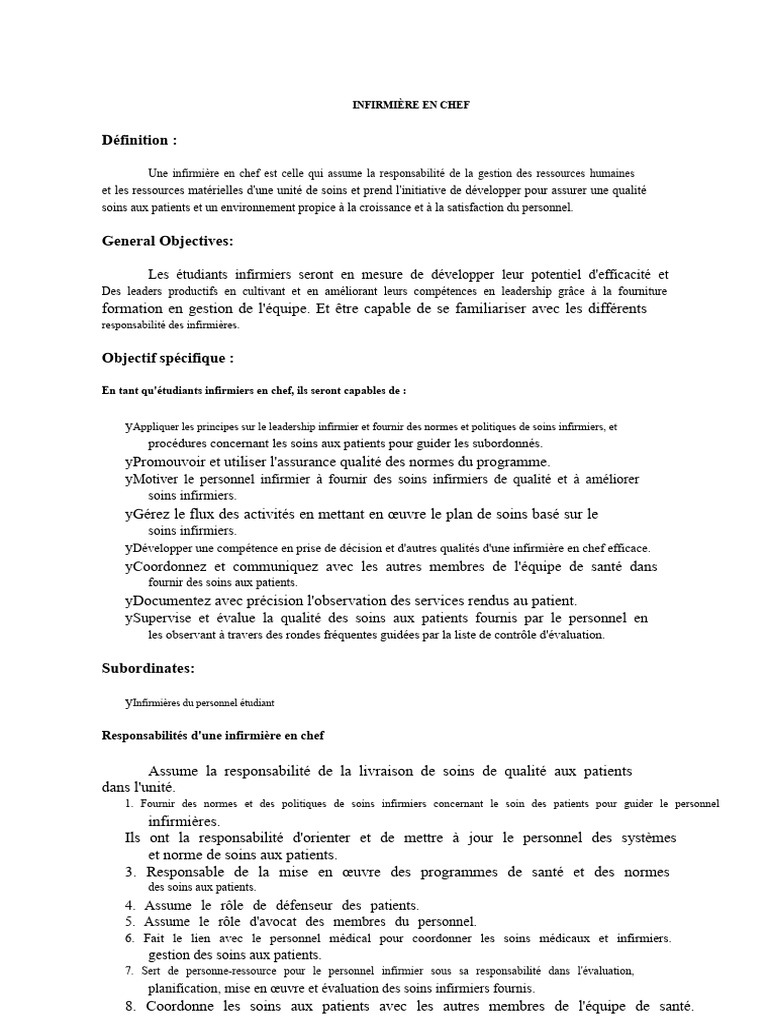 Rôle et responsabilités de l'infirmière en chef | PDF | Allaitement ...