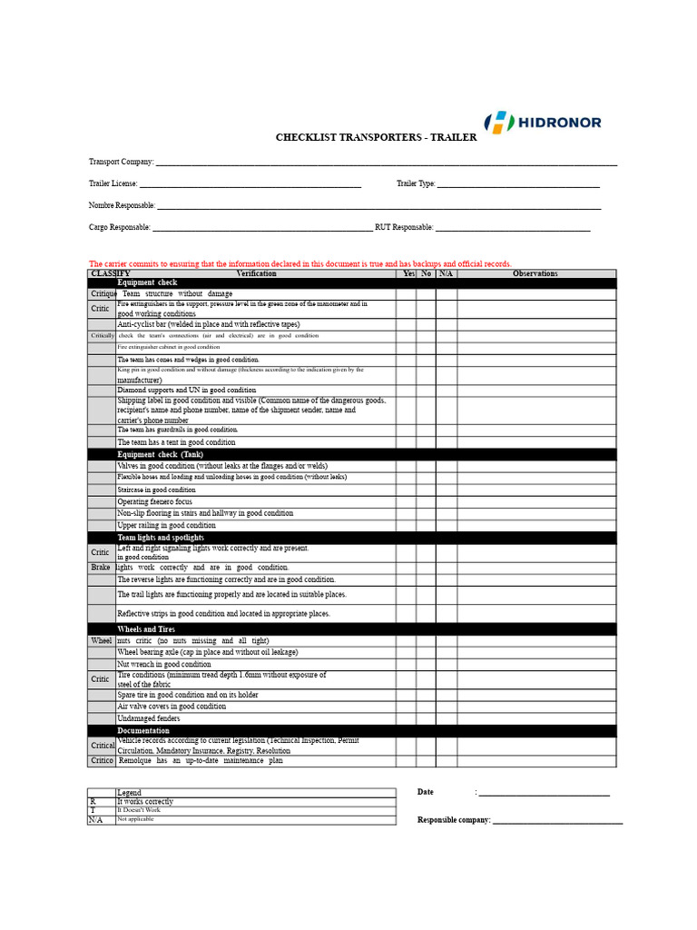 Hidronor Trailers Checklist Format | PDF | Tire | Wheel