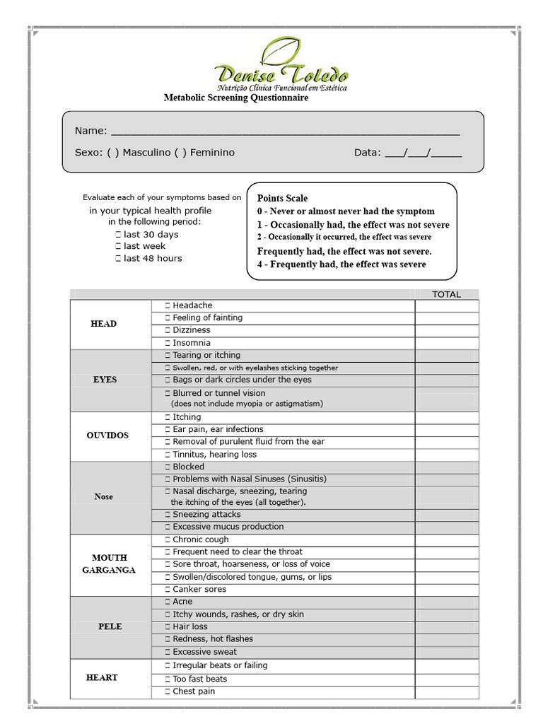 Metabolic Screening Questionnaire | PDF | Symptoms And Signs | Clinical ...