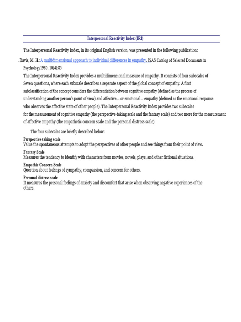 Interpersonal Reactivity Index Overview | PDF | Empathy | Subjective ...