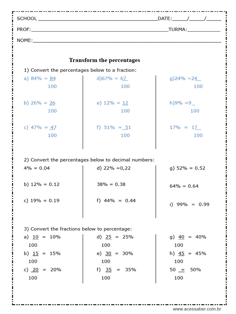 Percentage Conversion Exercises | PDF