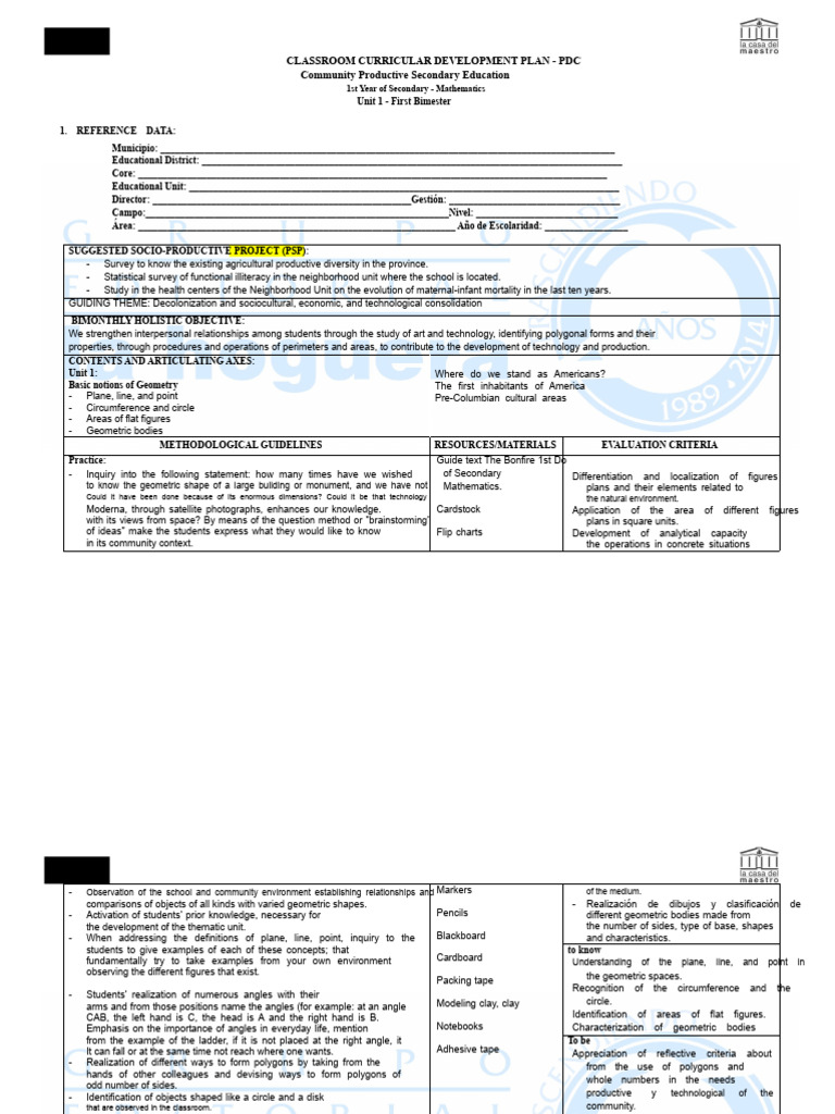 1st Year Secondary Math Curriculum Plan | PDF | Multiplication | Area