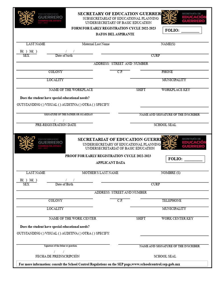 Early Registration Form 2022-2023 | PDF | Kinship And Descent | Living ...