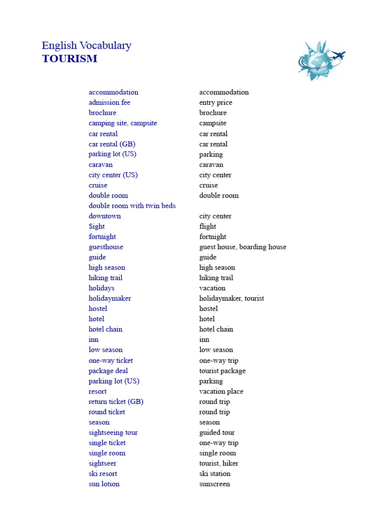 Vacation Vocabulary | PDF | Tourism | Hotel