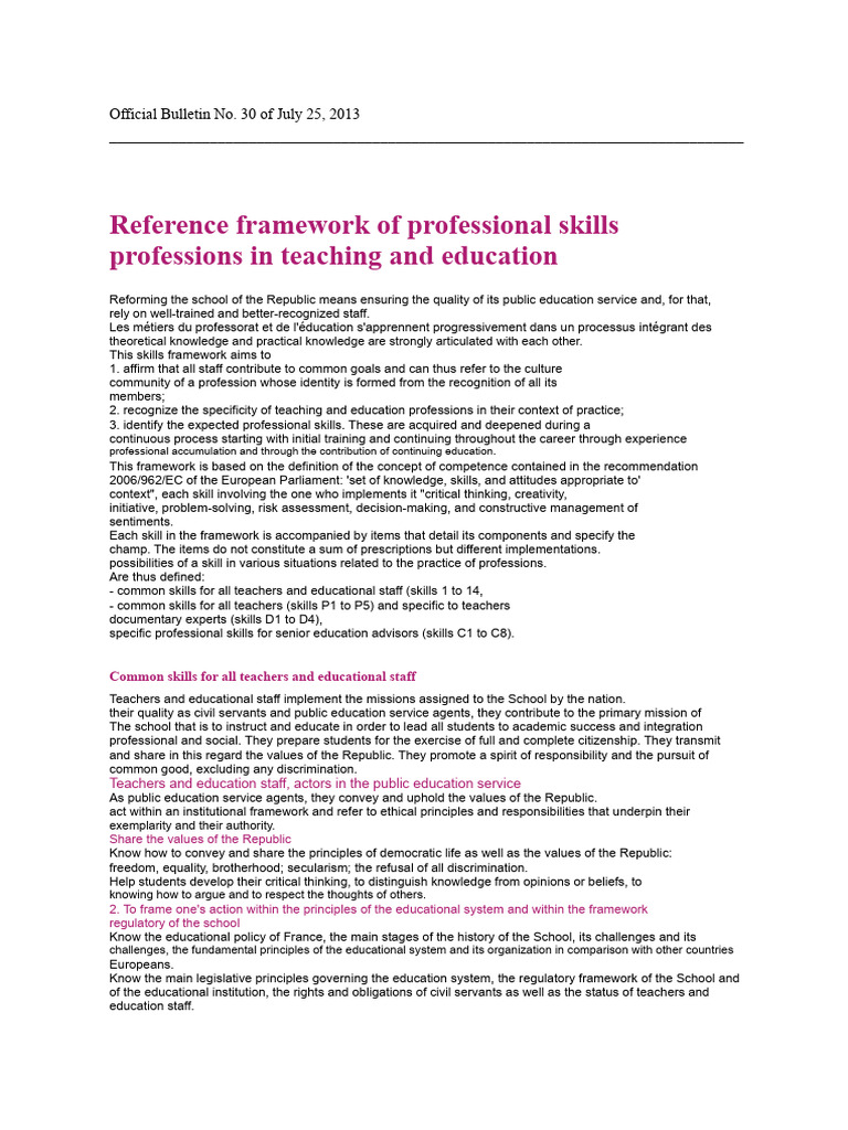 Framework for Teaching Skills in Education | PDF | Pedagogy | Teachers