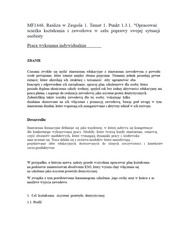 Praca Zespołowa 1 - Opracowanie Planu Kształcenia I Kariery W Celu ...