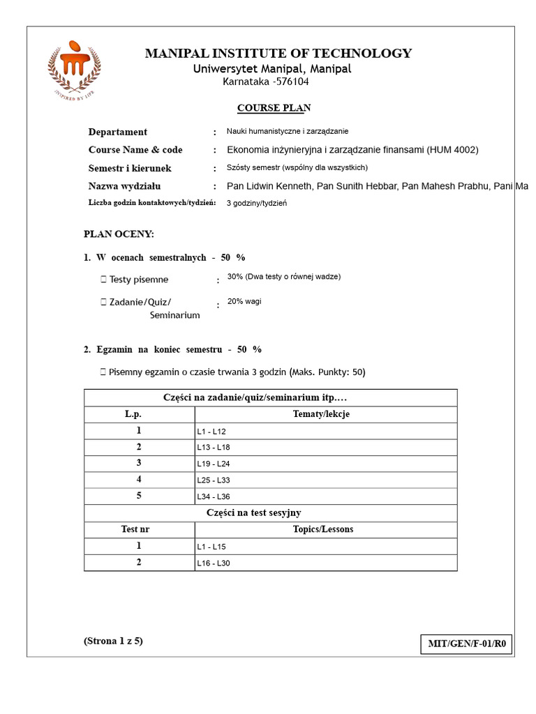 Plan Lekcji - EEFM - NOWA Wersja Końcowa | PDF