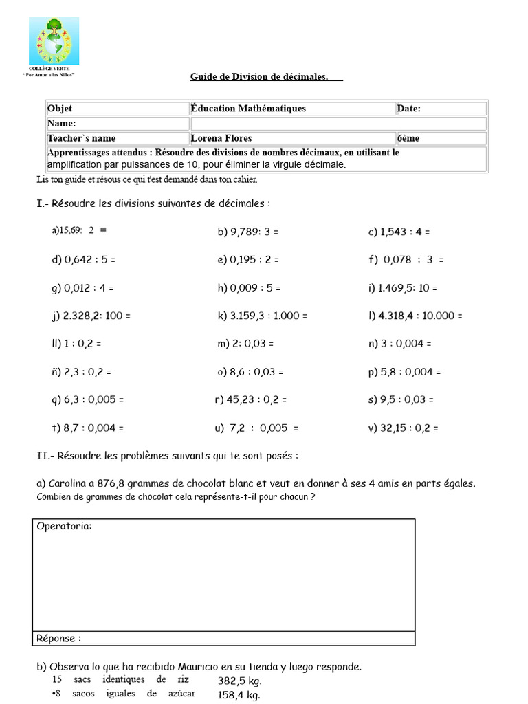 Guide de division des décimales 6ème | PDF | Théorie des nombres ...