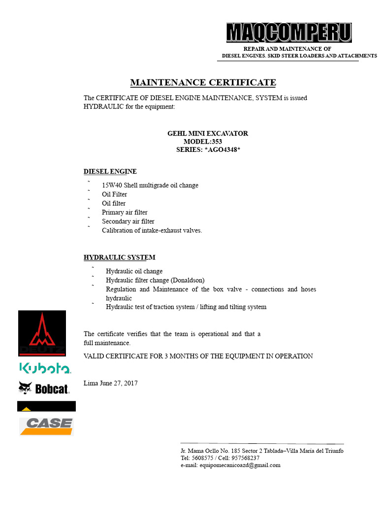 Maintenance Certificate | PDF