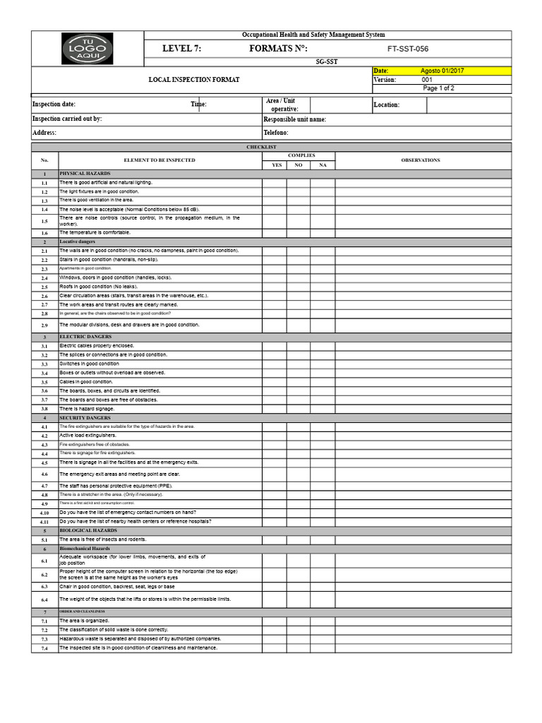 Occupational Health Safety Inspection Checklist | PDF | Occupational ...