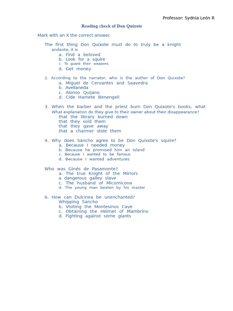 Don Quixote Reading Check Quiz | PDF | Don Quixote | Comedy Novels