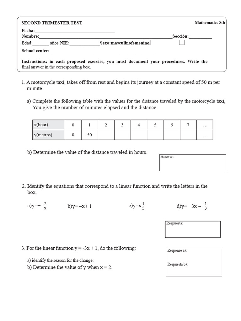 SECOND TRIMESTER EXAM 8th GRADE | PDF | Function (Mathematics ...