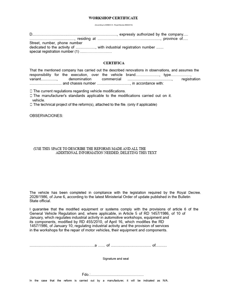 Workshop Certificate Model | PDF | Vehicles