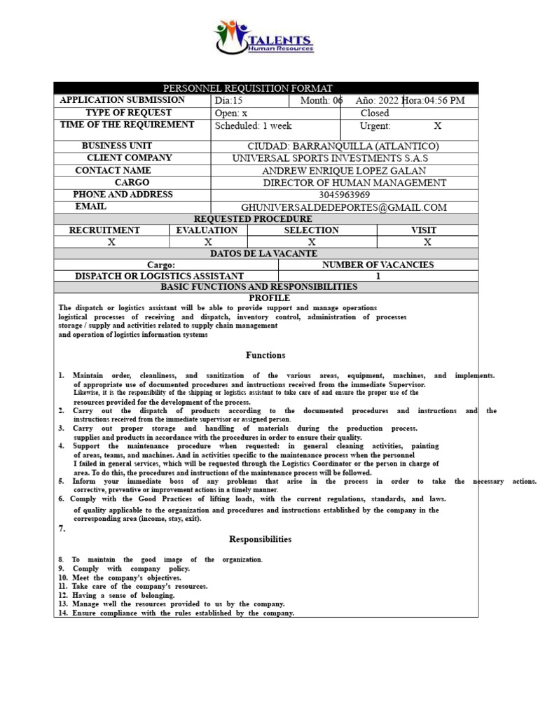 Personnel Requisition Form - Logistics Assistant | PDF | Logistics ...
